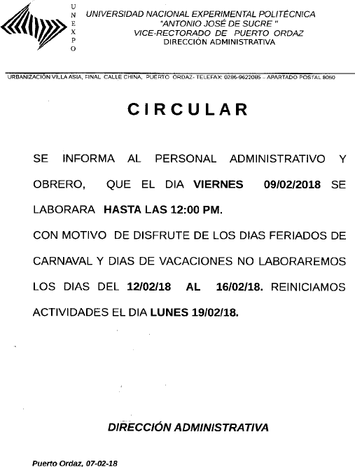 Circular Disfrute de Feriados Carnaval 2018